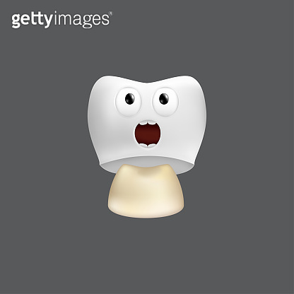 Scared tooth with crown installation. Cute character with facial ...