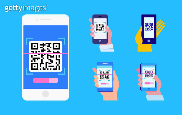 Capture qr code on mobile phone. Hand holding phone with Qr code. Flat ...