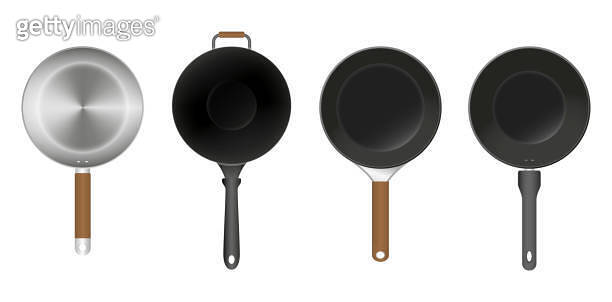 set of realistic aluminium flat frying pan or frying pan kitchen ...