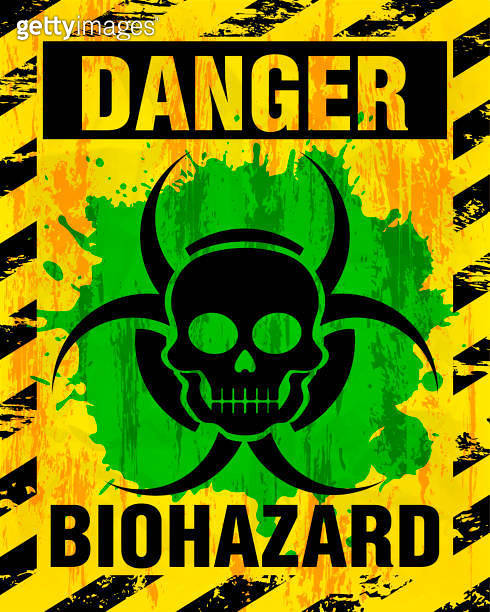 Danger Biohazard warning label sign, skull icon. Infected Specimen ...