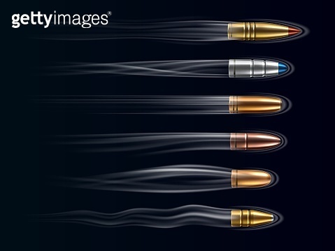 Flying bullet traces. Realistic pistol projectiles. Weapon shot ...