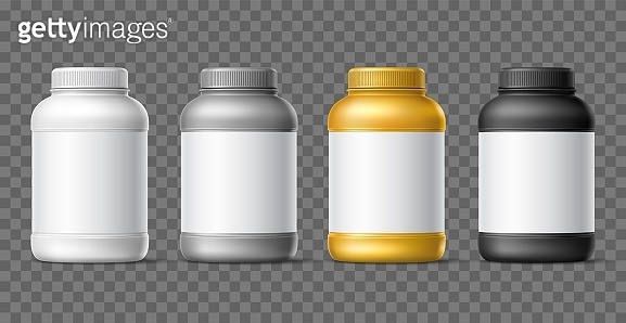 Protein container mockup. Realistic black, silver and gold plastic jars ...