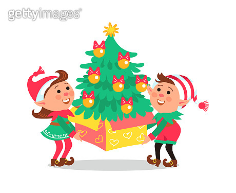 Christmas elves. Cartoon dwarfs carrying present box and Xmas tree ...