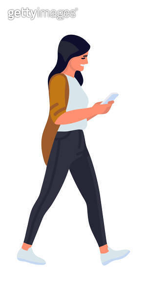 Young woman walking with smartphone. Girl typing on phone 이미지 ...