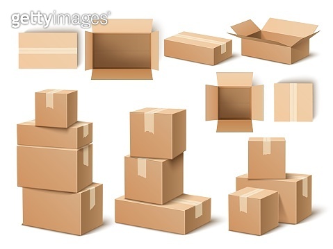 Realistic cardboard boxes. Paper parcels, post delivery opened and ...