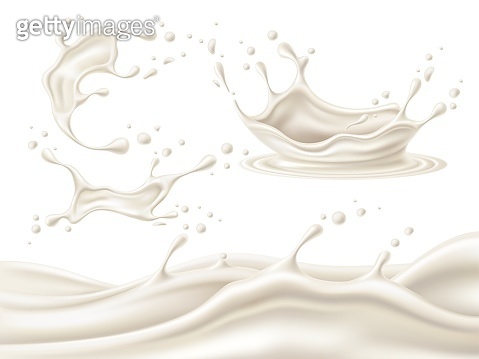 3D milk splashes. Realistic white creamy liquid flow and crowns with ...
