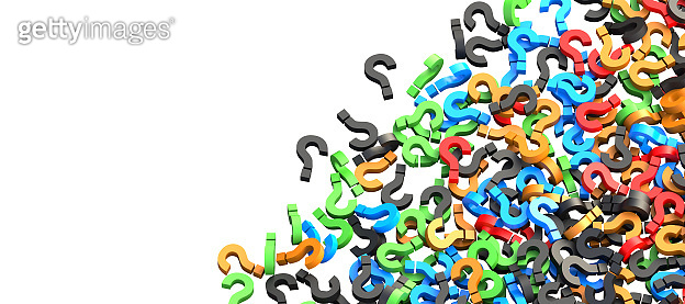Colored question marks on white background with empty copy space on ...