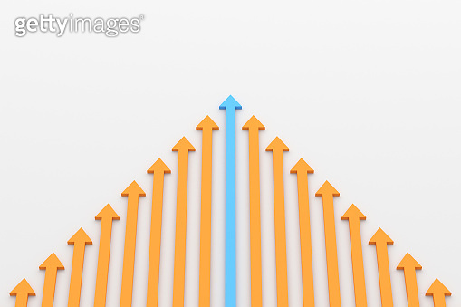 Leadership concept, blue leader arrow leading orange arrows, on white ...