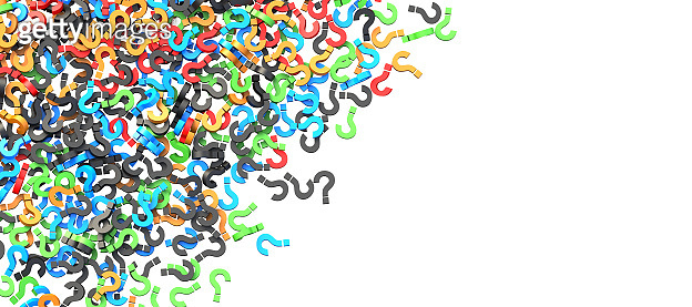 Colored question marks on white background with empty copy space on ...