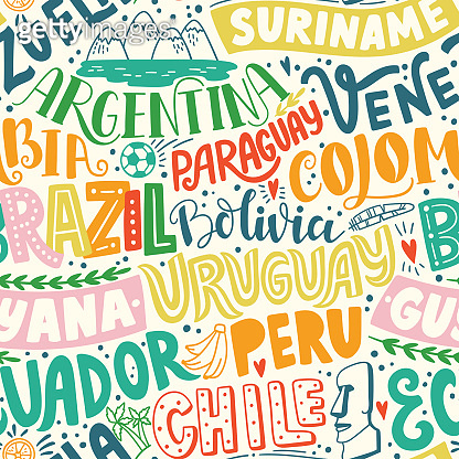 Around the World. SOUTH AMERICA vector lettering seamless pattern ...