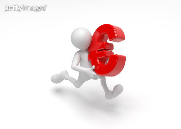 The red-colored euro symbol and the white-colored running human figure ...