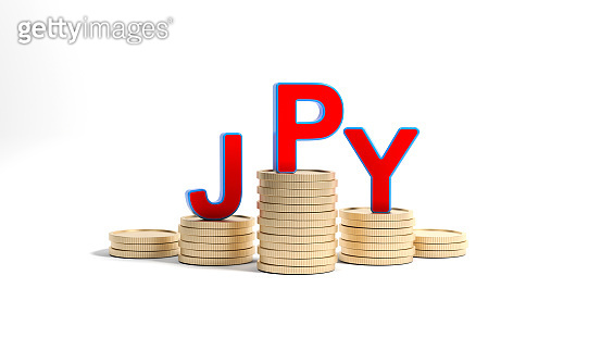 Blue-framed red-colored Japanese yen text with coins, Isolated on white ...