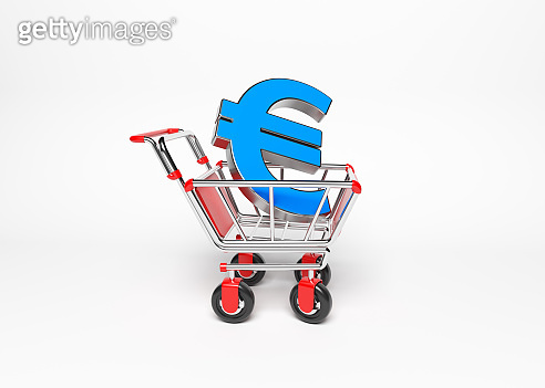 Red-colored tiny shopping cart and European union currency symbol. 이미지 ...