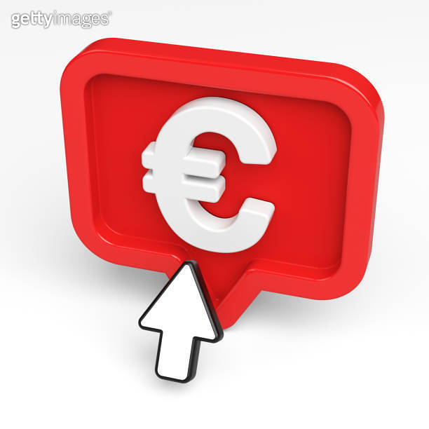 White-colored Euro symbol computer cursor and red-colored speech bubble ...