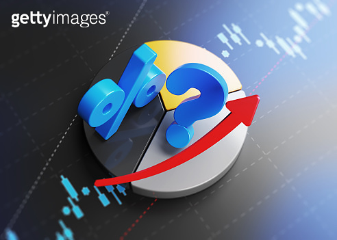 Question mark, percentage, arrow symbol, and a finance pie chart on the ...