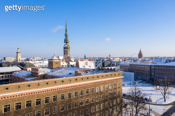 Aerial panorama view of Riga old town during beautiful winter day in ...