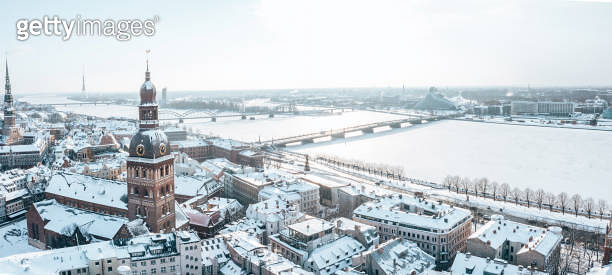 Aerial panorama view of Riga old town during beautiful winter day in ...
