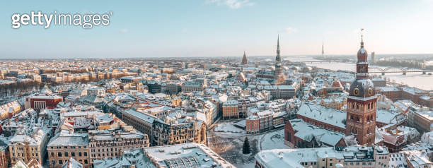 Aerial panorama view of Riga old town during beautiful winter day in ...