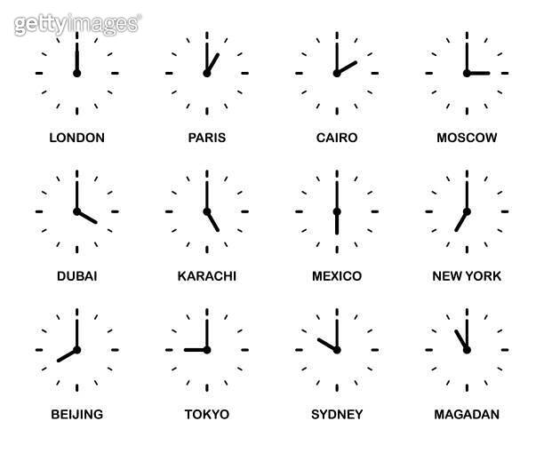 Clock Time Zones Set - Vector Illustration. Different Timezones Time ...