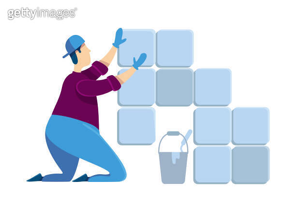 Tiler flat color vector faceless character. Man installing ceramic ...