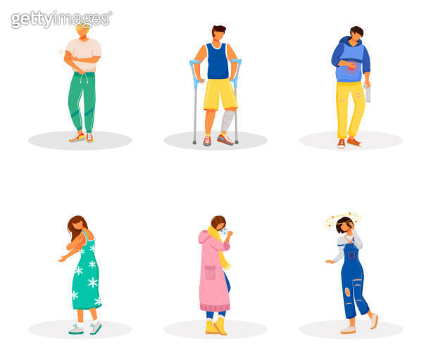 Unwell patients flat color vector faceless characters set. Stomach ache ...