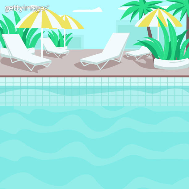 Poolside flat color vector illustration. Residential hotel. Premium ...
