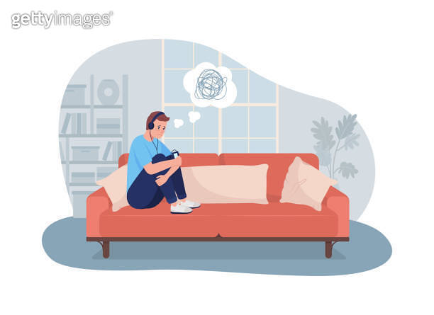 Sad lonely teen boy at home 2D vector isolated illustration 이미지 ...