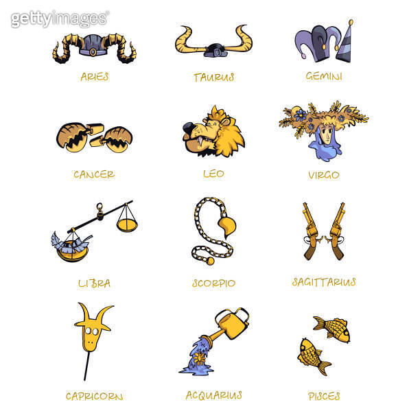 Twelve zodiac signs accessories flat cartoon vector illustrations set ...