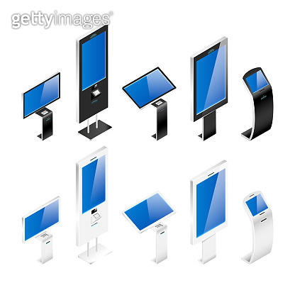 Different self order kiosks realistic vector illustrations set. Interactive boards with blank ...