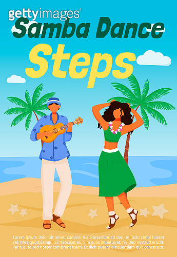 Samba dance steps poster flat vector template. Traditional dancing. Sea ...