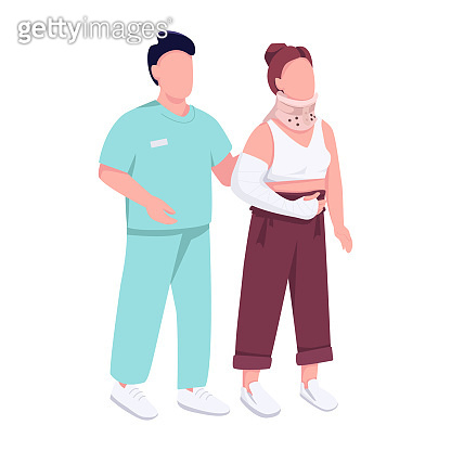 Hospital patient with broken hand and traumatologist flat color vector ...