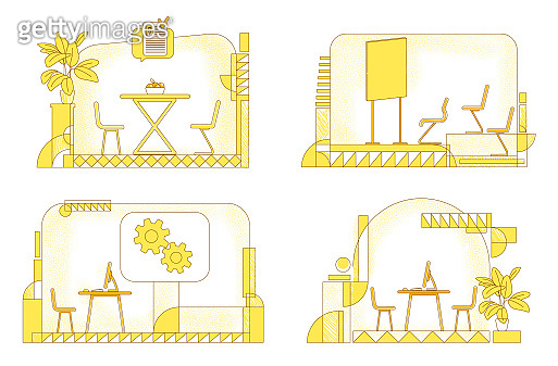 Company interior flat silhouette vector illustrations set. Coworking ...