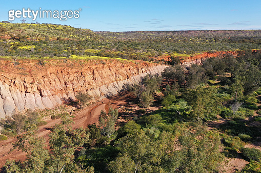 Aerial drone landscape view of Irwin River riverbank and cliffs Western ...