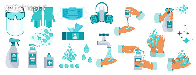 Set of Antiseptic for disinfection. Hand hygiene. Hand washing with ...