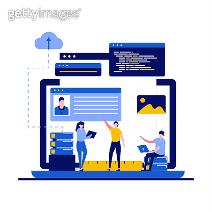 Programming and web design concept with character. Developer team coding computer software ...
