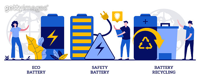 Eco battery, safety battery, battery recycling concept with tiny people ...