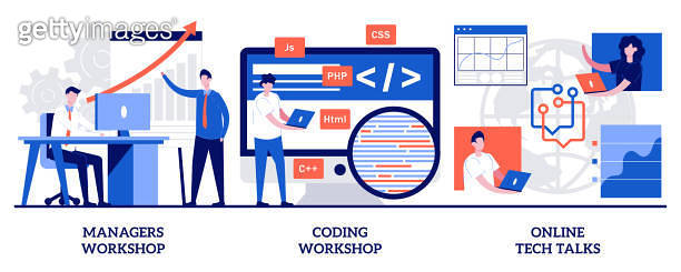 Managers workshop, coding workshop, online tech talks concept with tiny people. IT digital ...