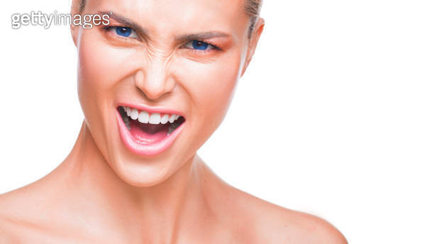 Close up portrait of amazing blue eyed beautiful fashion woman saying ...