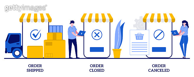 Order shipped, order closed, order canceled concept with tiny people ...