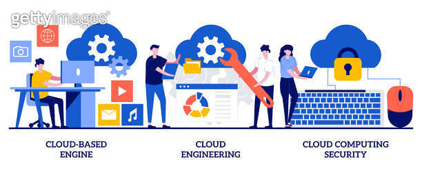Cloud-based engine, cloud engineering and computing security concept with tiny people. Virtual ...