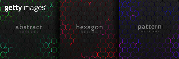 Set of black hexagon pattern on glowing red, blue, green neon abstract background in technology ...