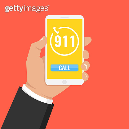 Emergency call 911 concept. Hand holding mobile phone with emergency ...
