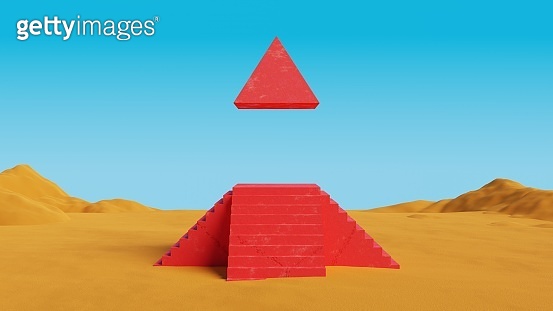 Red concrete pyramid with stair on sand dunes.Surreal desert landscape ...
