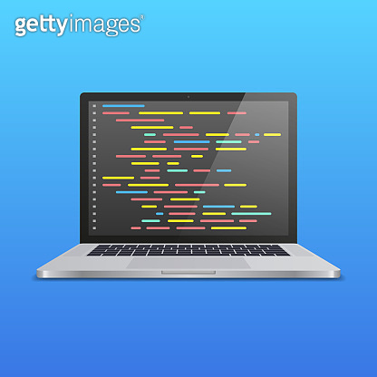 Realistic laptop with code on screen on blue gradient background. Concept for web developer ...