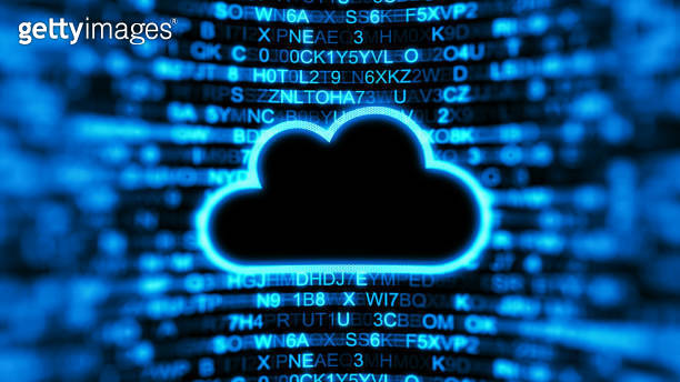 Digital screen with big data cloud and encrypted hexadecimals computer code on the blue ...