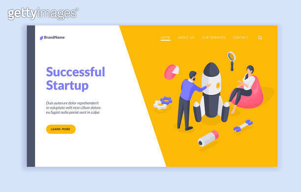 People launching successful startup project. Banner template. Isometric ...