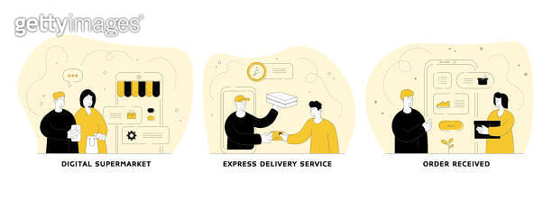 E-commerce platform flat linear vector illustration set. Digital ...