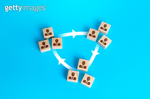 Three groups of people are connected by lines. Interacting and joining ...