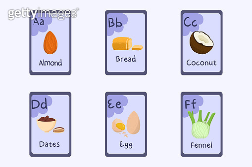 Colorful alphabet flashcard Letter A, B, C, D, E, F - almond, bread ...