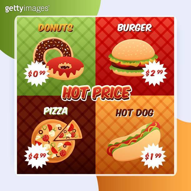 Fast food mini poster set with burger donuts hot dog pizza promos ...
